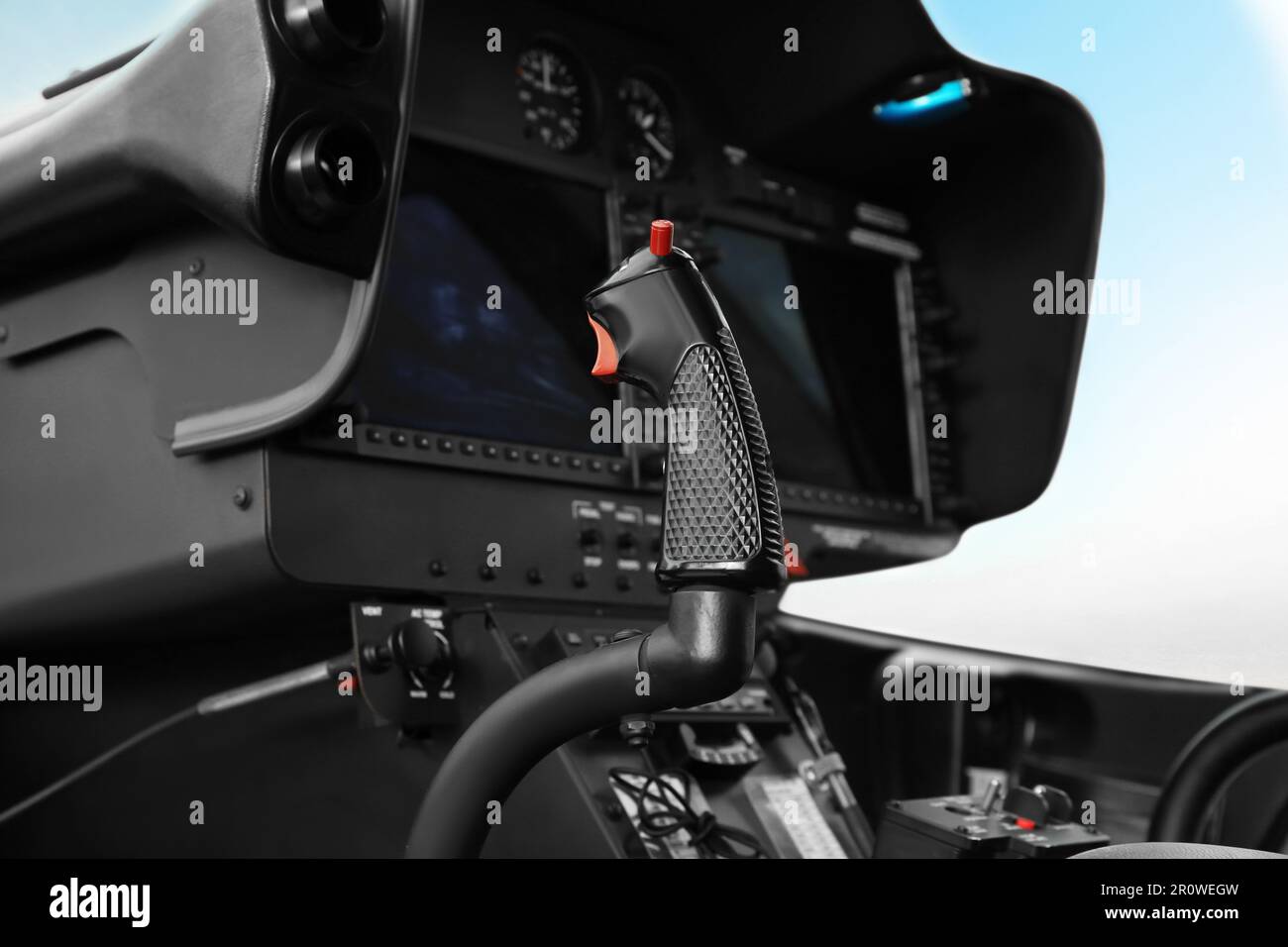 Helicopter cockpit with new modern functional panel and control lever ...