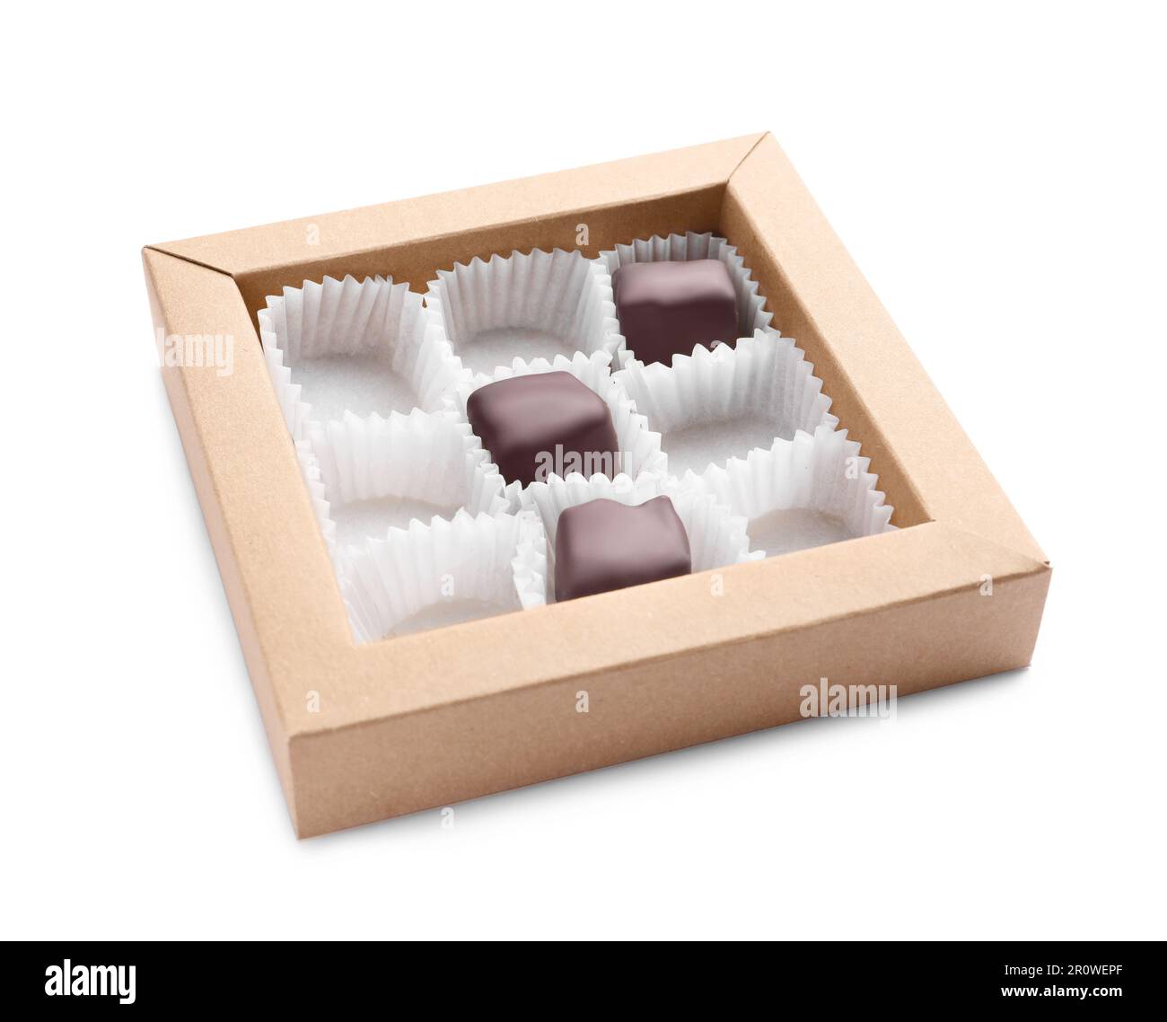 Partially empty box of chocolate candies isolated on white Stock Photo ...