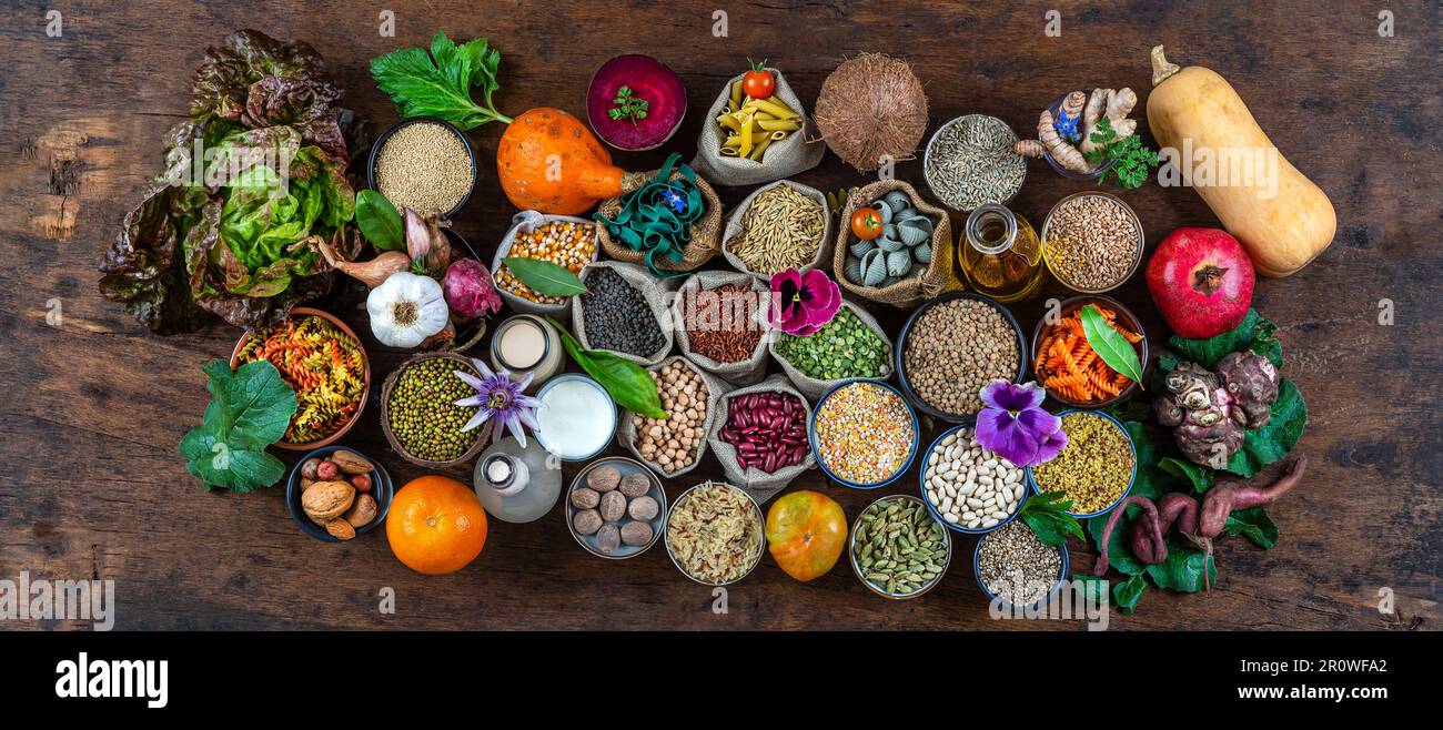 Vegetables, fruit, legumes, cereals, pasta, and seeds for the vegan ...