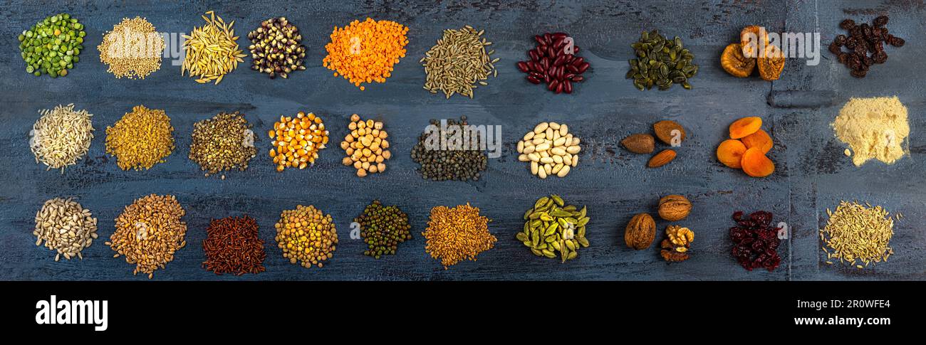 Various types of grain, dried fruit, legumes, seeds, and nuts Stock ...