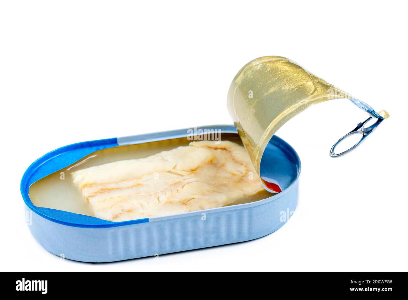 Open can of white fish on a white background Stock Photo - Alamy