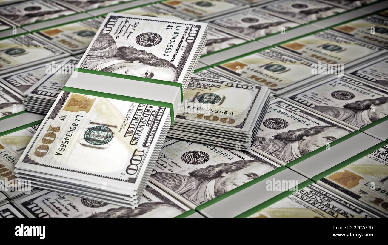 Stacked 100 dollar money bills. 3D illustration Stock Photo - Alamy