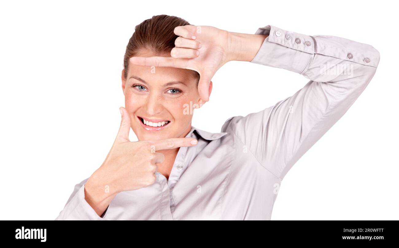 Hands, portrait and happy woman doing frame gesture or sign for a ...