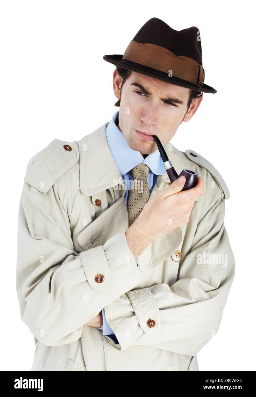 Vintage spy, pipe and thinking in studio for smoking, ideas or ...