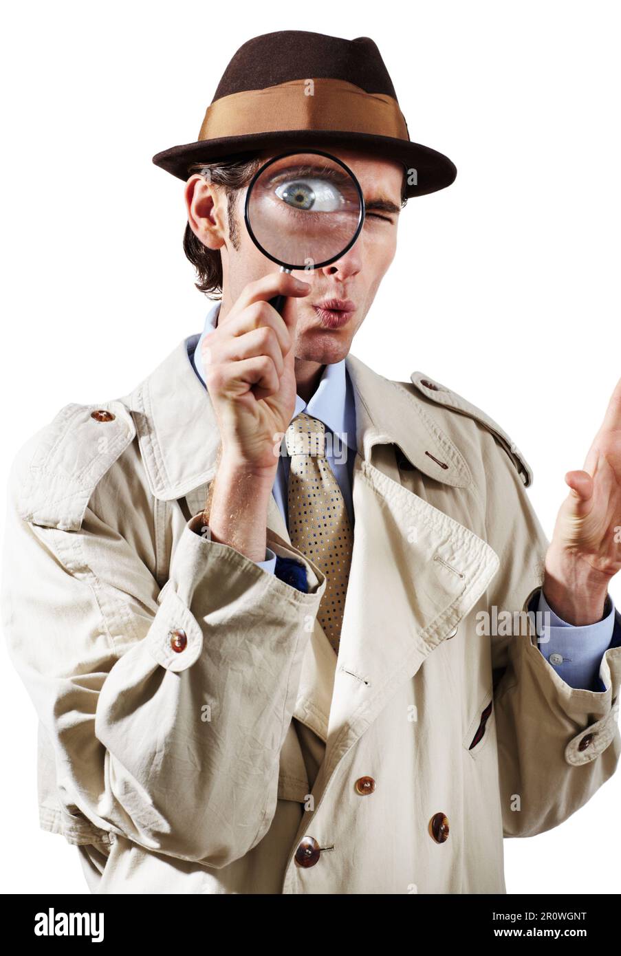 Private investigator, magnifying glass and portrait of man in studio ...