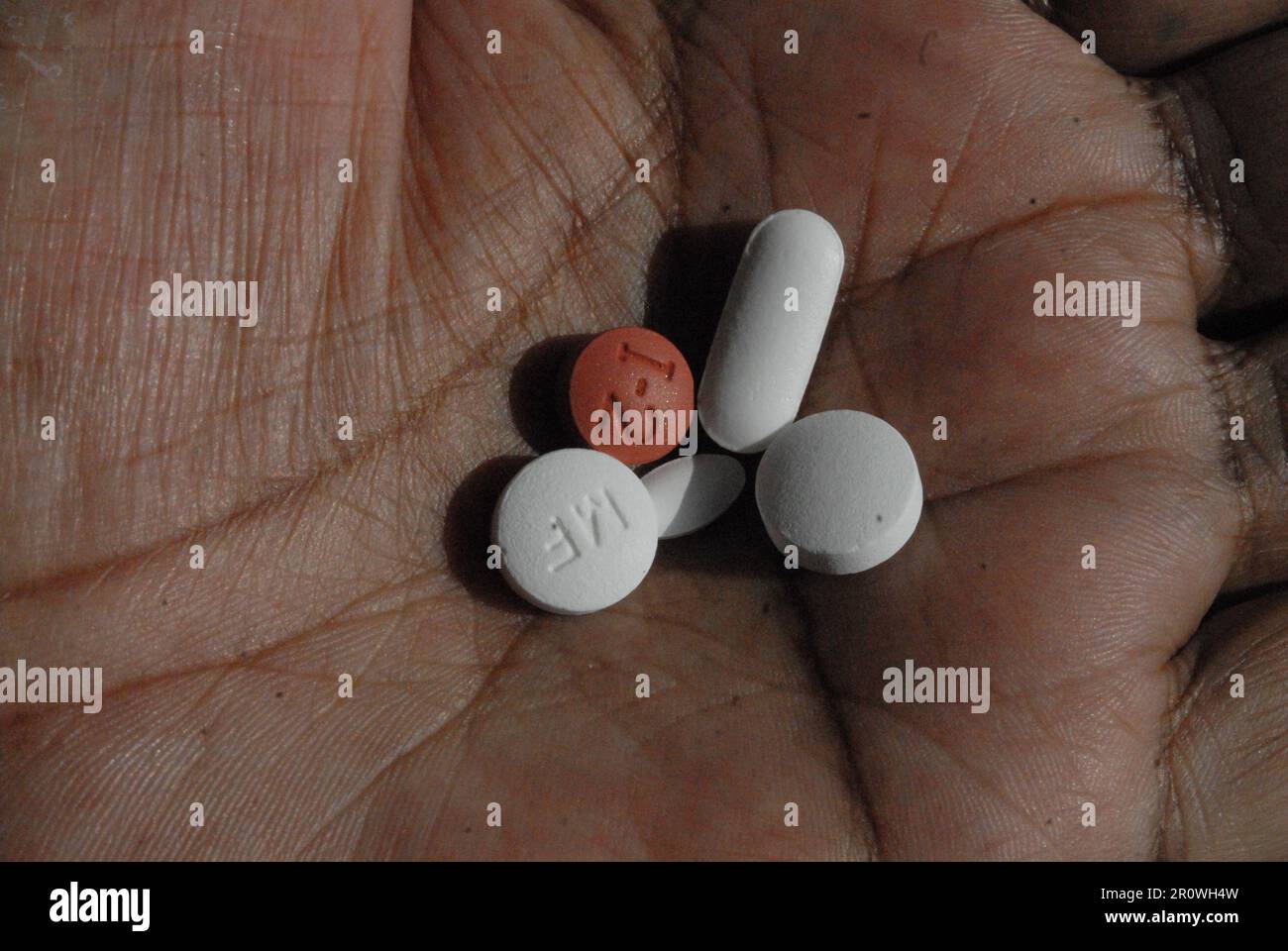 Kastrup/Copenhagen /Denmark/10 May 2023/Medicine tablets on hand palme ...