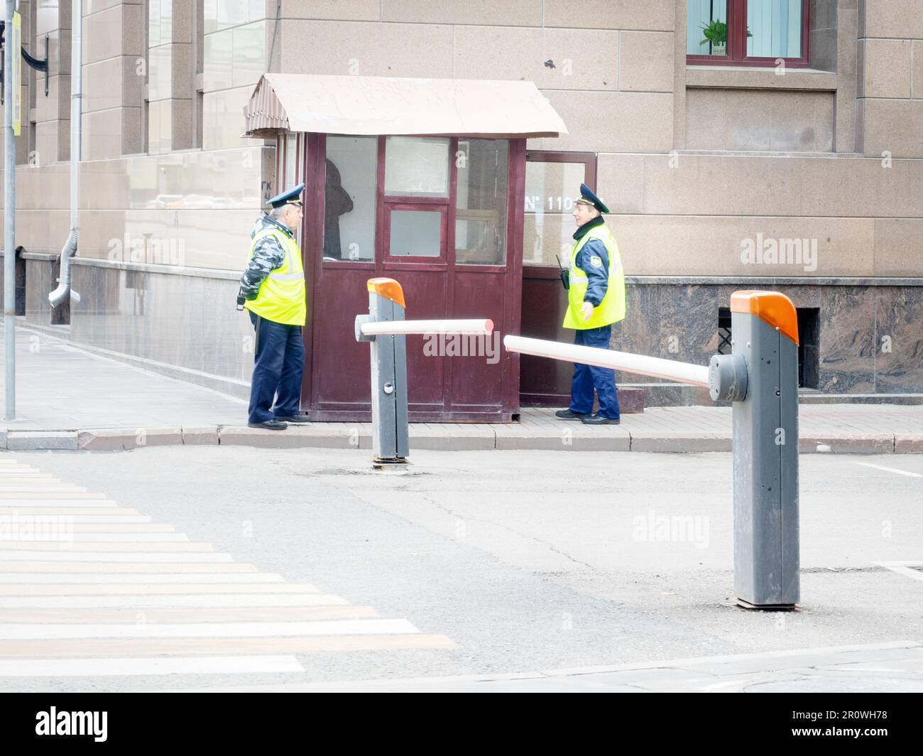 Moscow, Russia - may 3, 2019: roadblock with a barrier and security ...