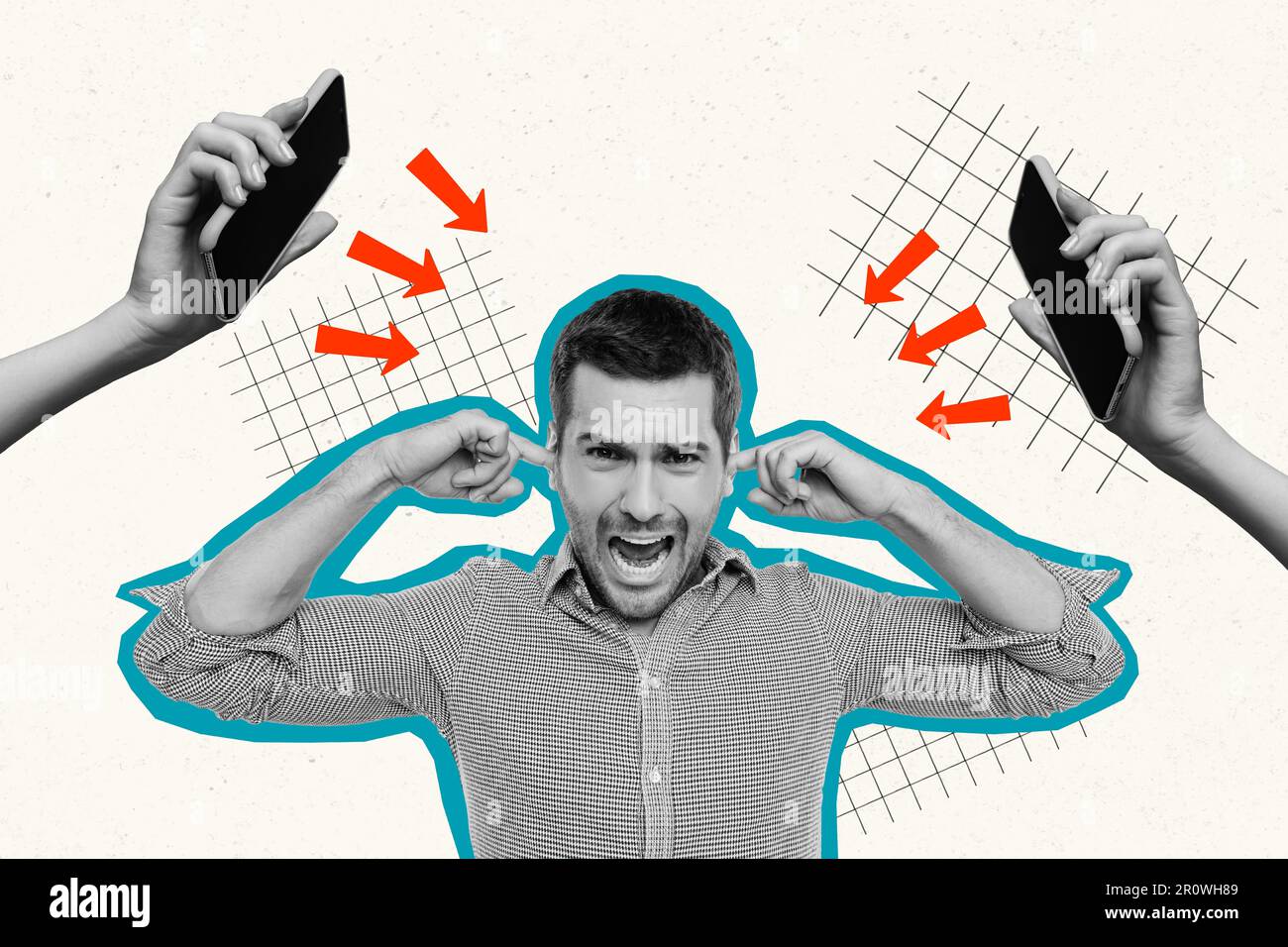 Creative trend collage of angry scared man close ears hands hold ...
