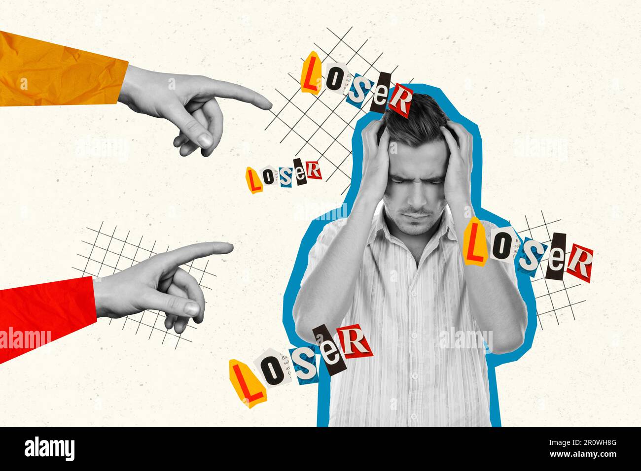 Creative poster collage of depressed stressed man hands touch head head ...