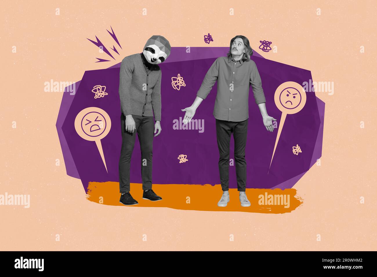 Creative photo collage artwork bullying concept man shrug shoulders ...