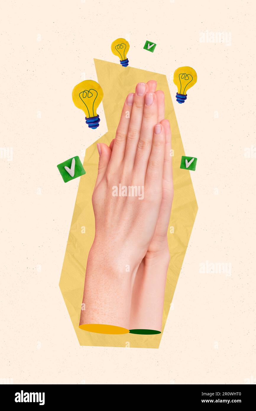 Magazine template collage of praying hand gesture asking for genius ...