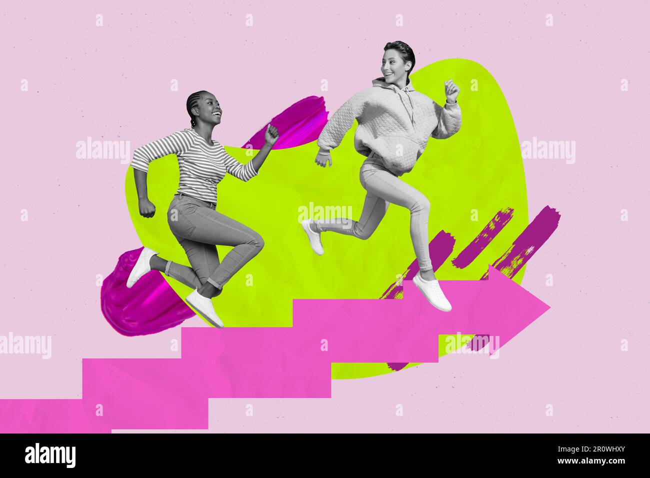 Bright vivid poster banner collage of two people running fast on ...