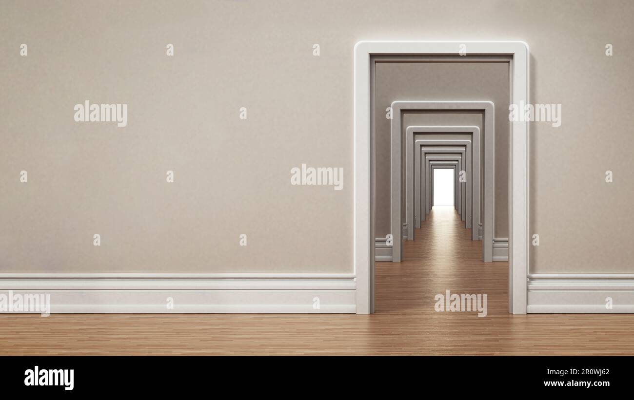 Hallway with many doors opening to each other. 3D illustration Stock ...