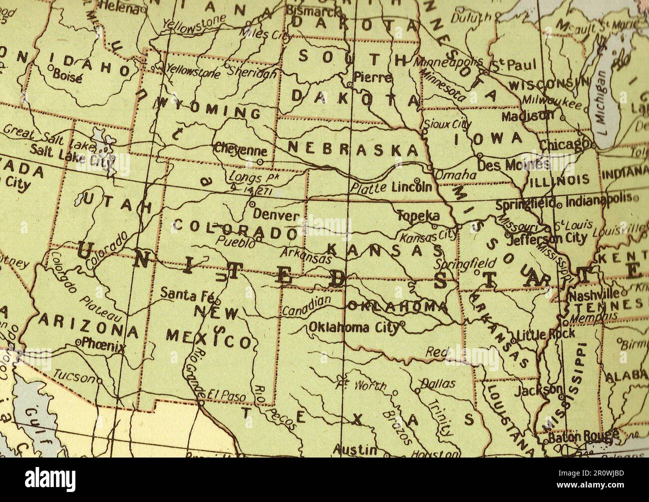 Vintage sepia map of central USA Stock Photo - Alamy
