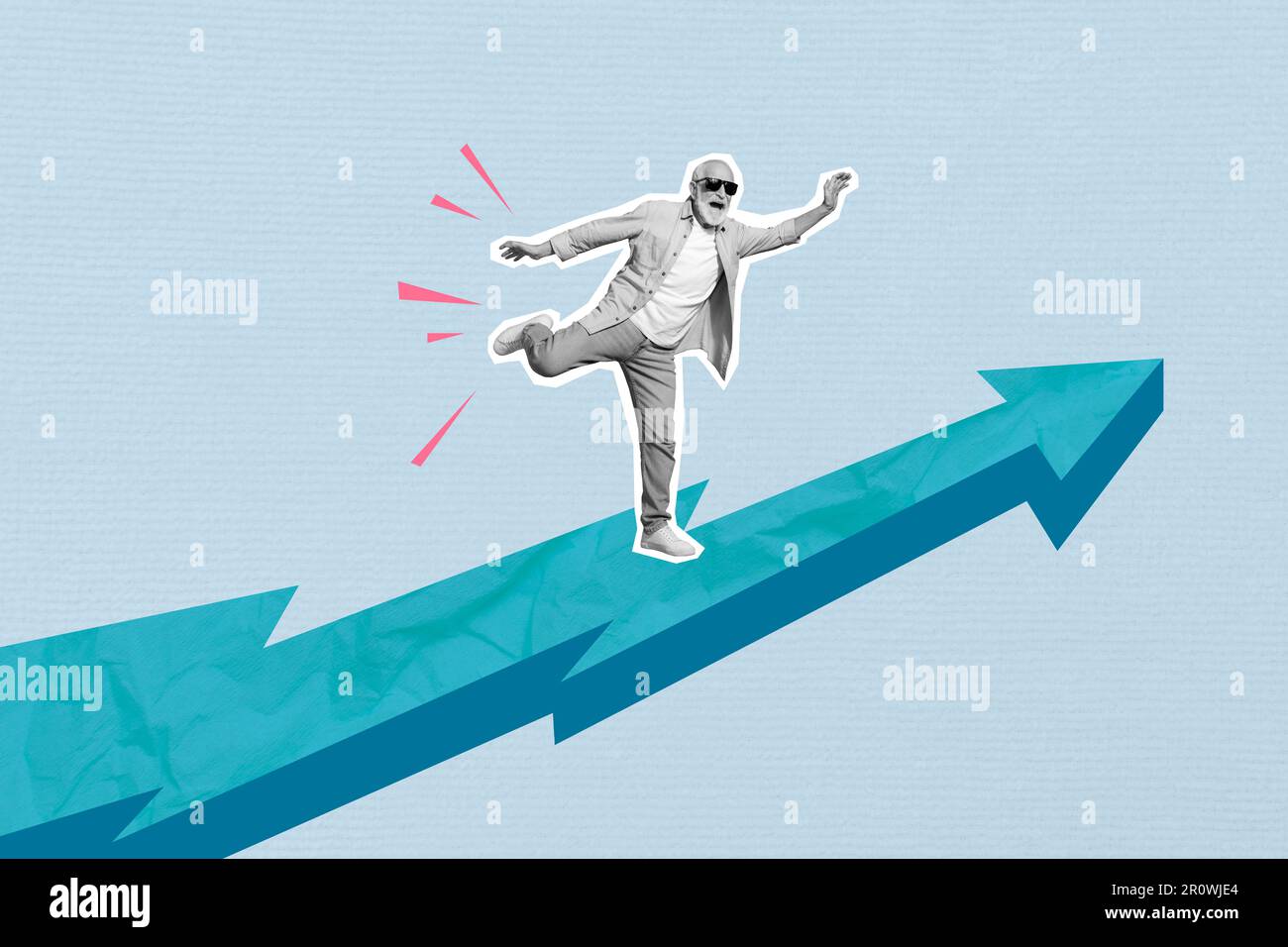 Magazine template collage of elderly job worker rising up on blue arrow ...