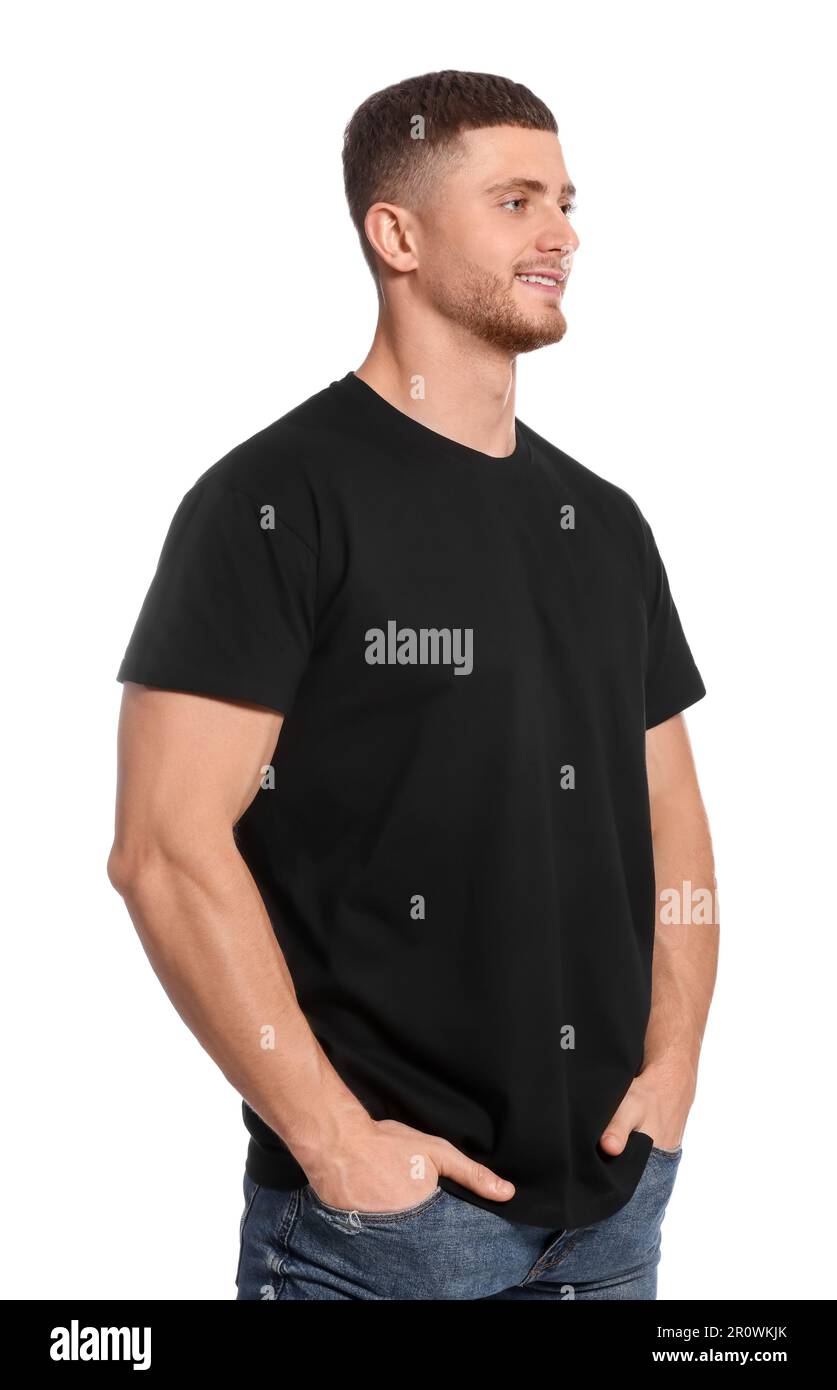 Man wearing black t-shirt on white background. Mockup for design Stock ...