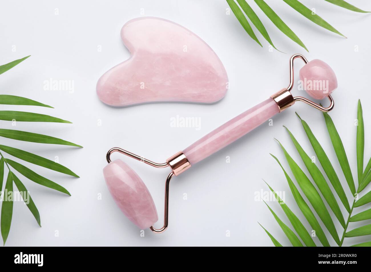 Gua sha stone, face roller and green leaves on white background, flat ...
