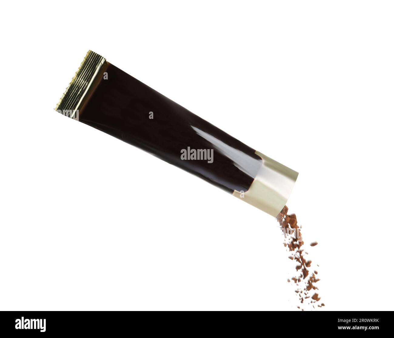 Pouring aromatic instant coffee from sachet on white background Stock ...