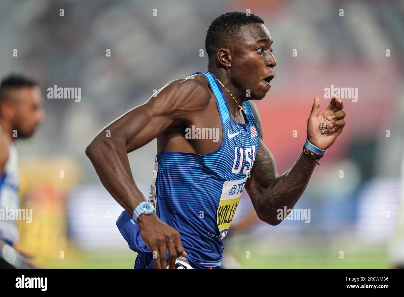 Grant Holloway participating in the 110m hurdles at the Doha 2019 World ...