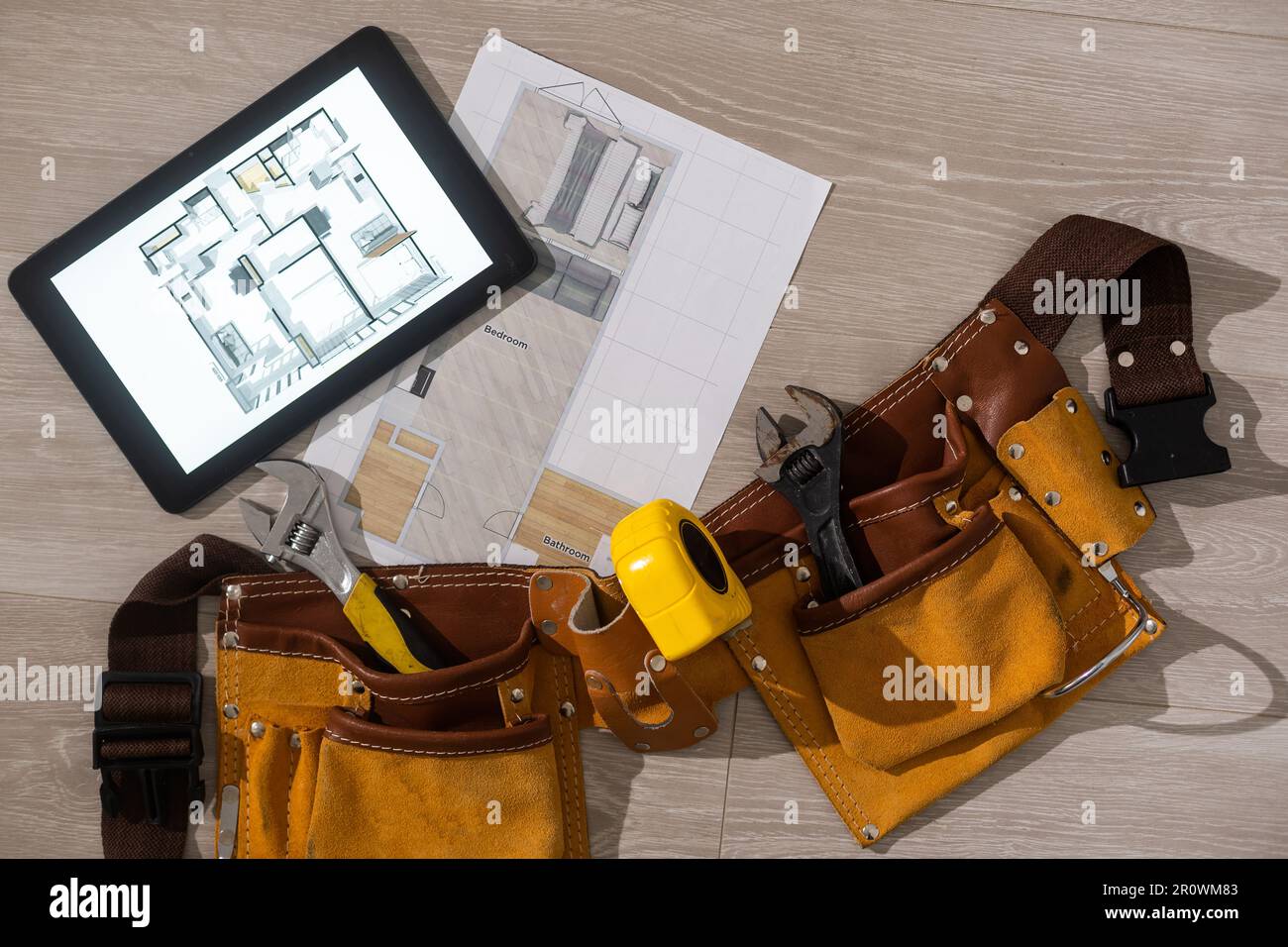 Tablet computer with architecture and construction tools and blueprints ...