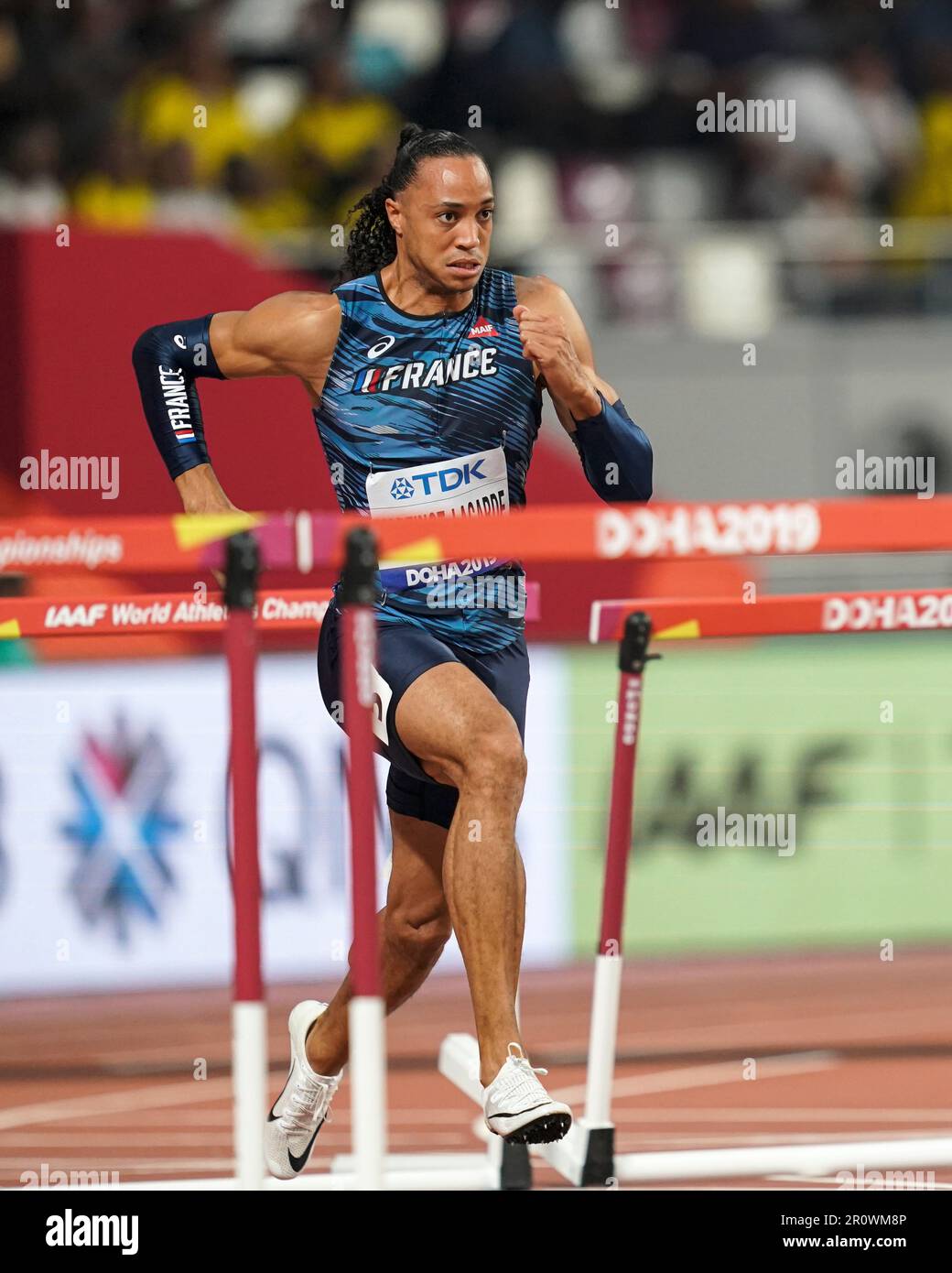 Pascal Martinot-Lagarde participating in the 110m hurdles at the Doha ...