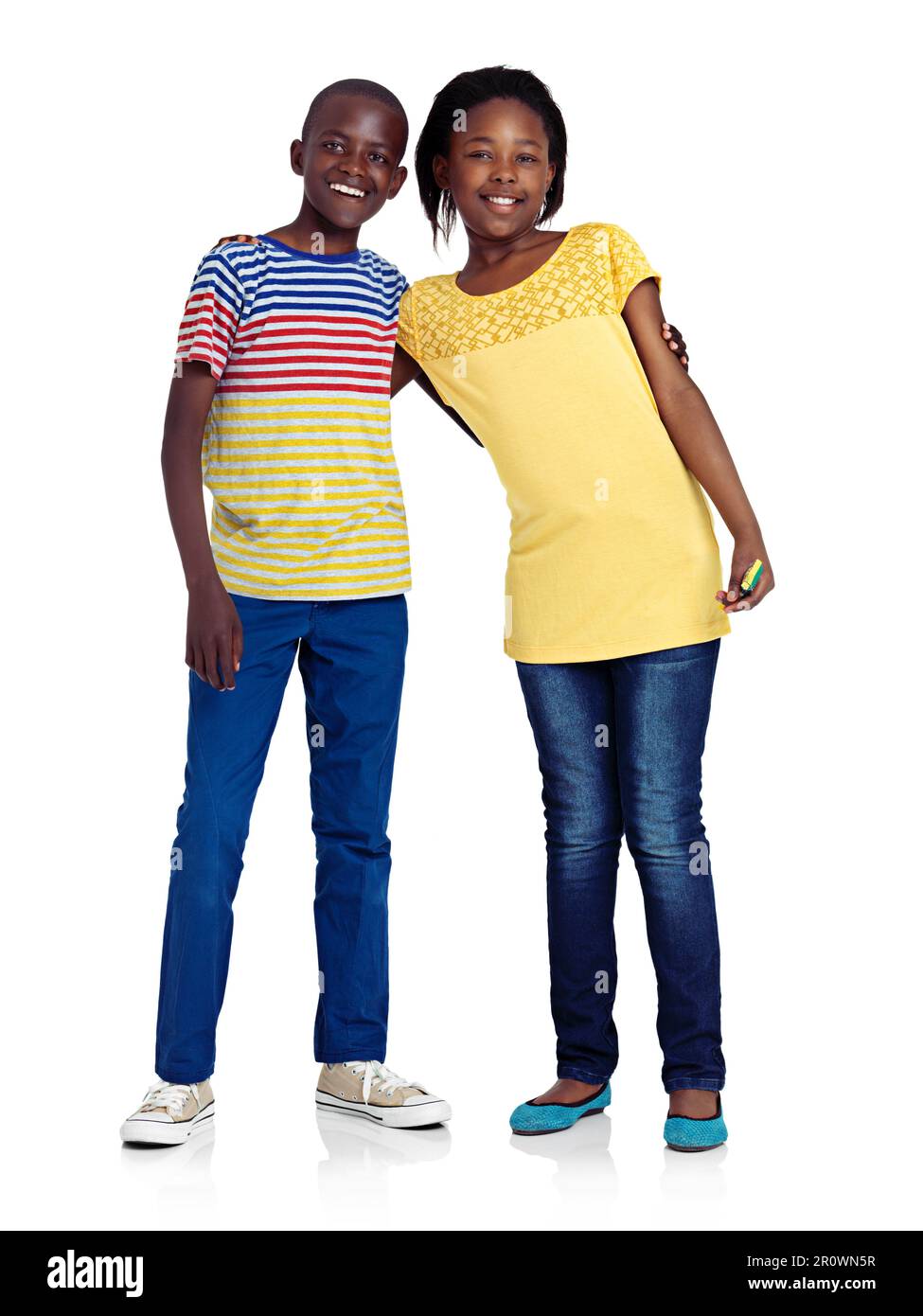 We support each other. Studio shot of african siblings against white ...
