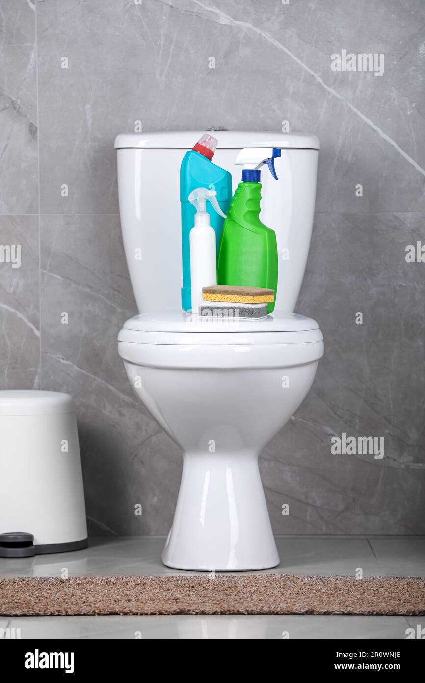 Cleaning supplies on toilet bowl in bathroom Stock Photo - Alamy