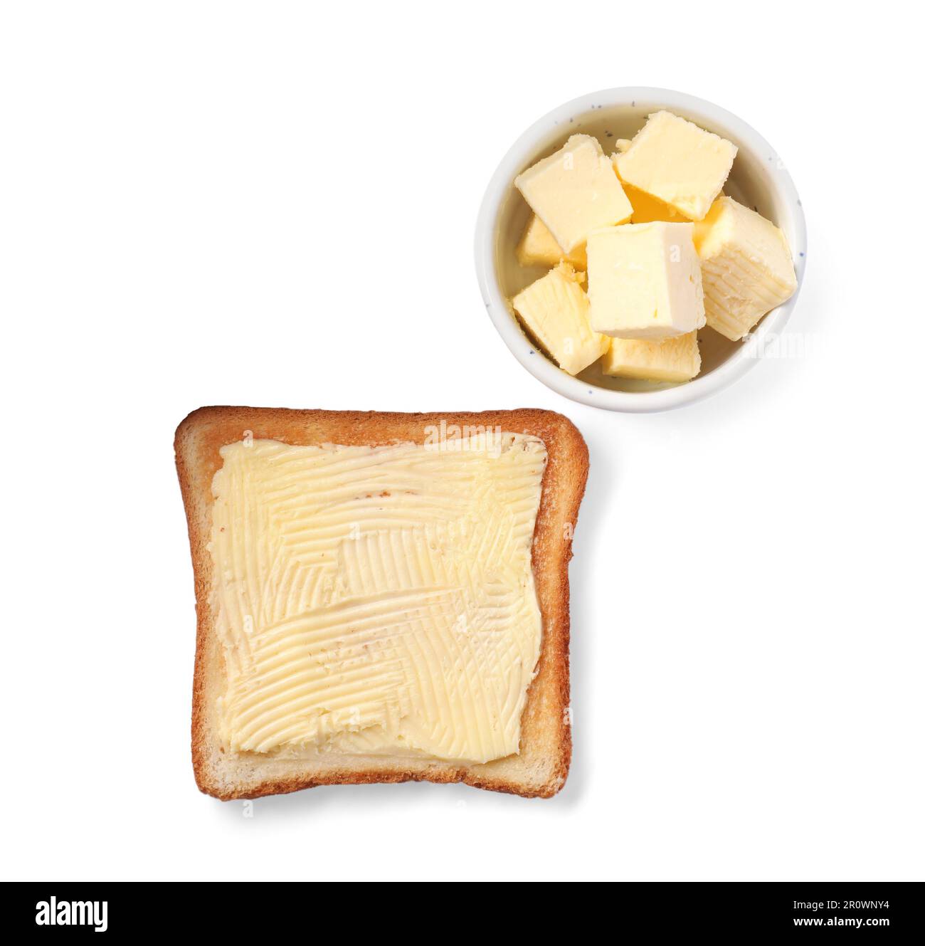Tasty toast bread with butter on white background,, top view Stock ...