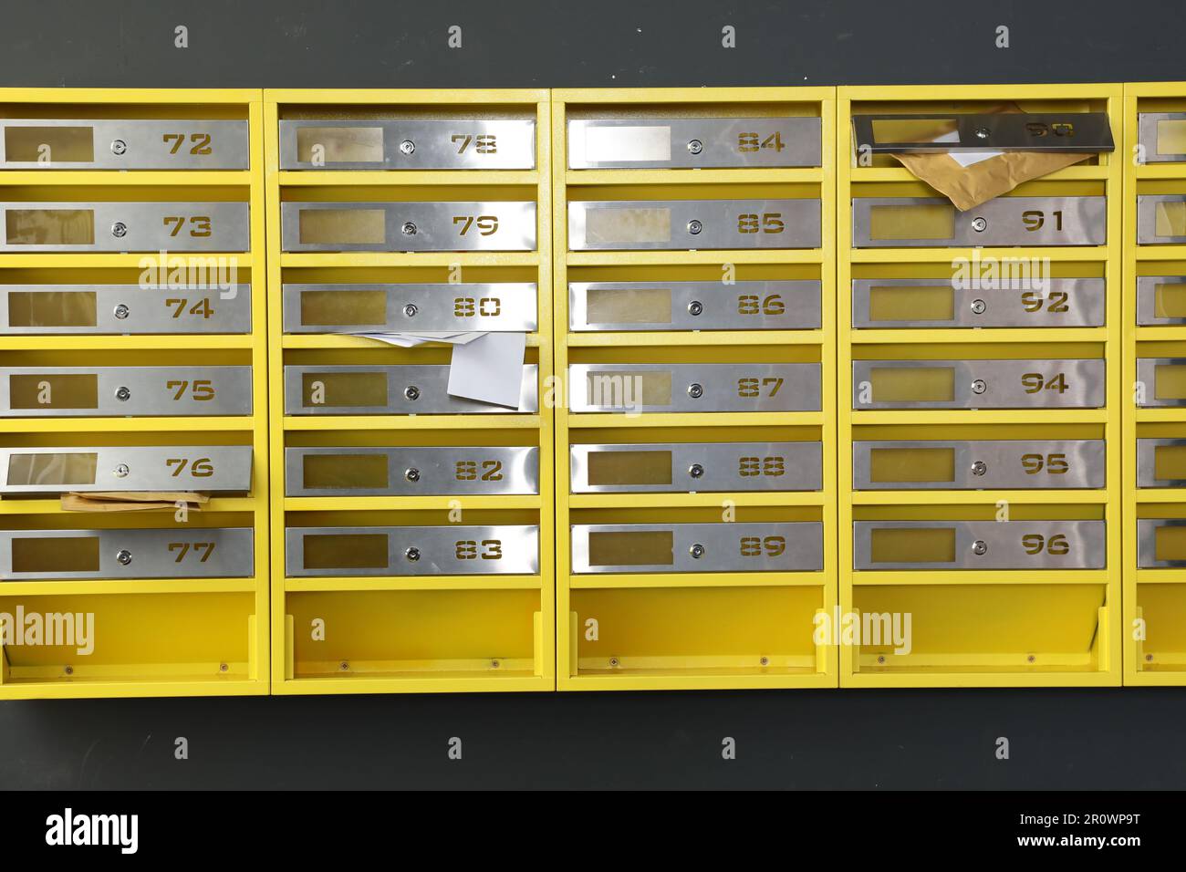 Metal mailboxes with keyholes, numbers and correspondence in post ...