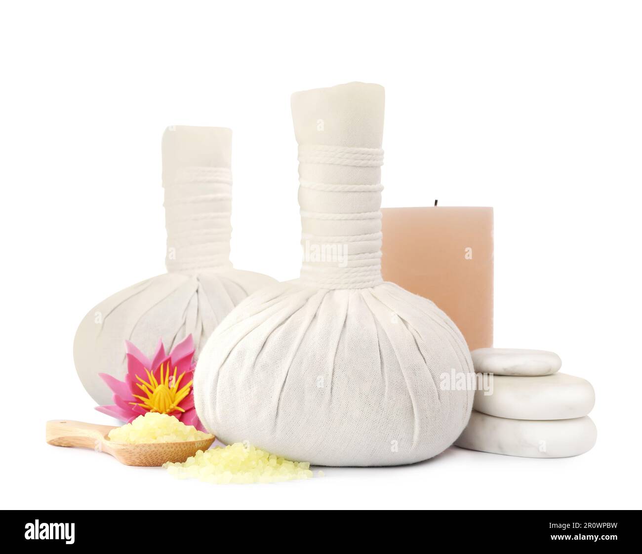 Herbal massage bags and other spa products on white background Stock ...