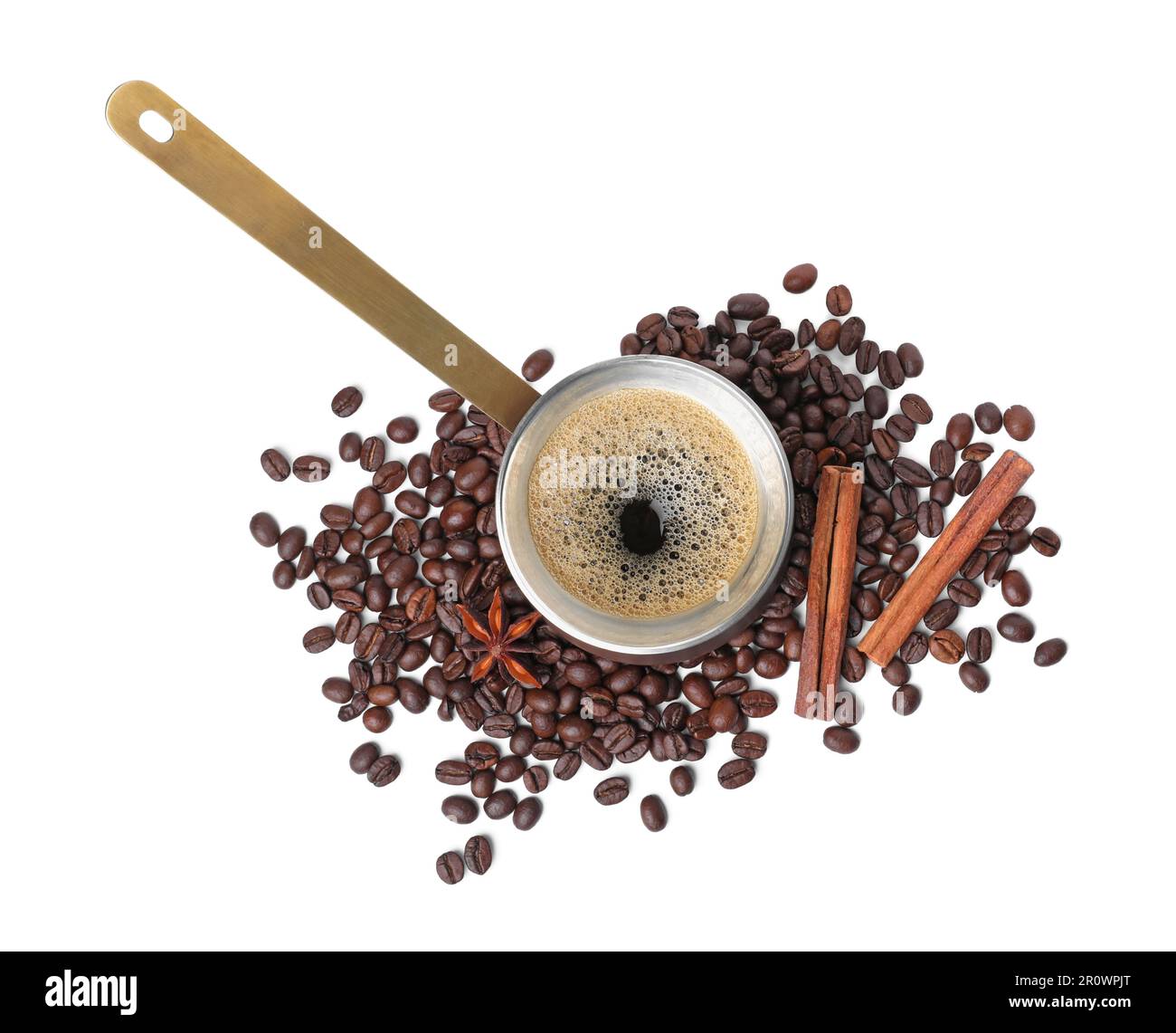 Hot turkish coffee pot, beans and spices on white background, top view ...