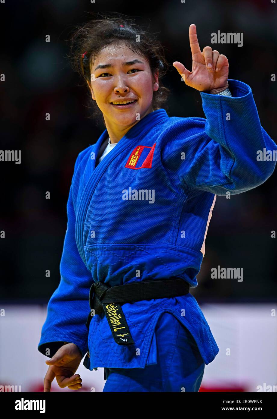 Doha. 9th May, 2023. Enkhriilen Lkhagvatogoo of Mongolia reacts after winning against Huh Mi-mi ...