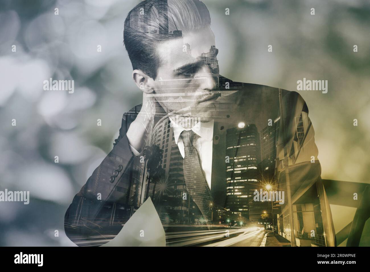 Business man, city and double exposure for thinking employee with ...