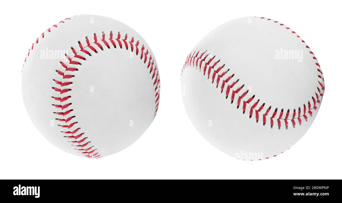 Two new baseball balls on white background Stock Photo - Alamy