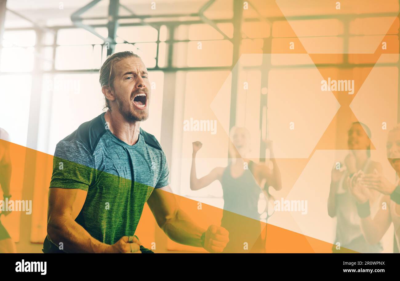 Fitness, man and shout to celebrate success for exercise, workout and ...