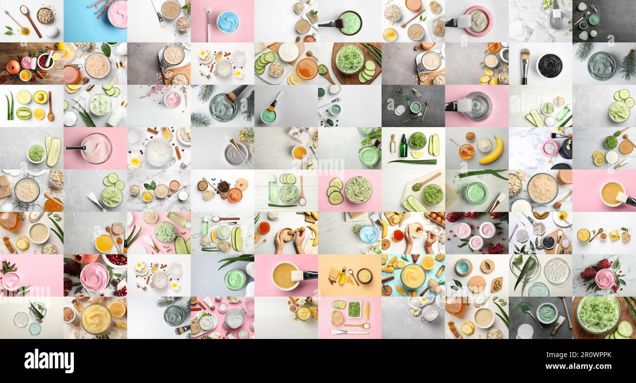 Collage with photos of preparation different homemade face masks using ...