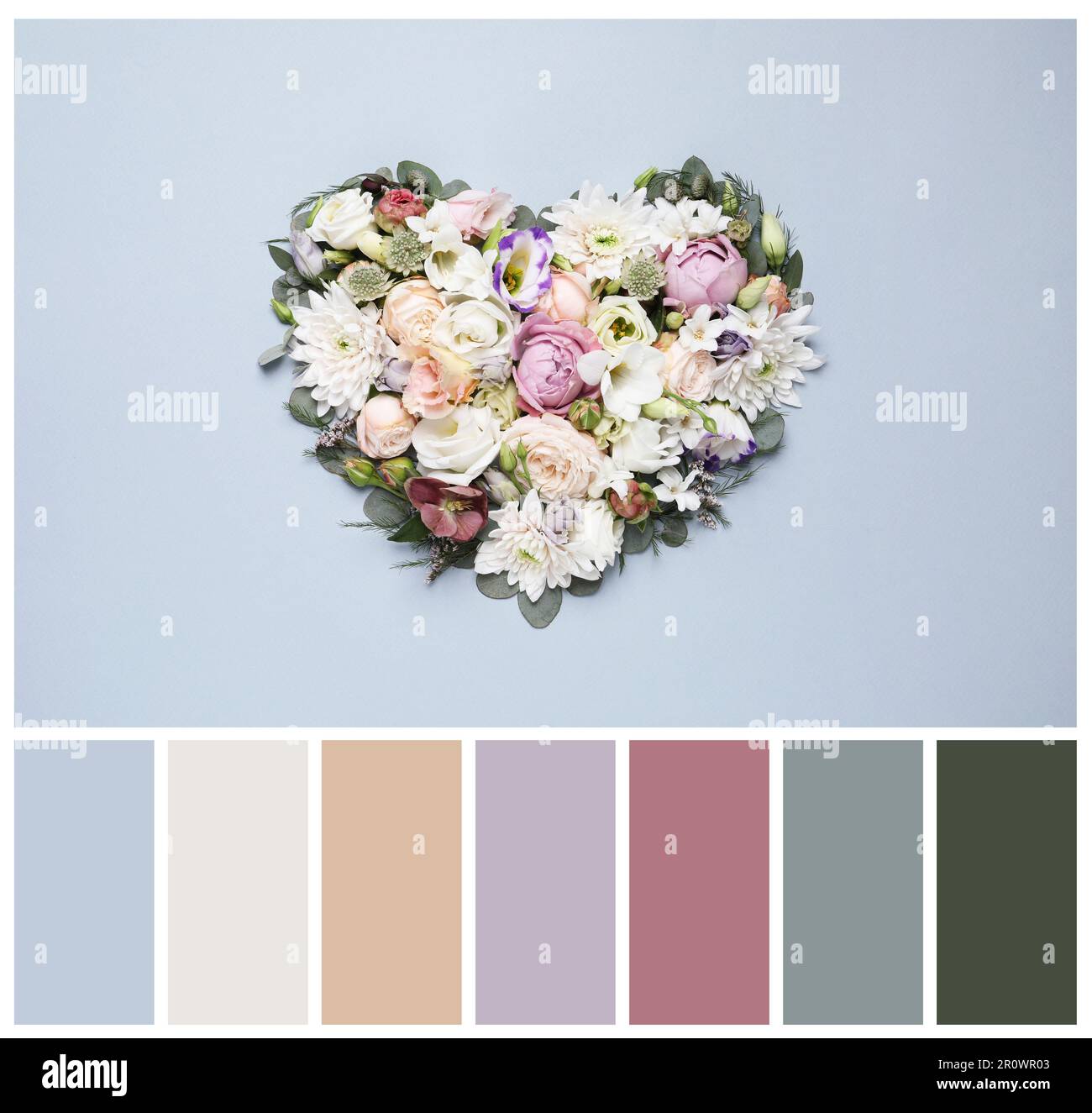 Color palette and beautiful heart made of different flowers on light ...