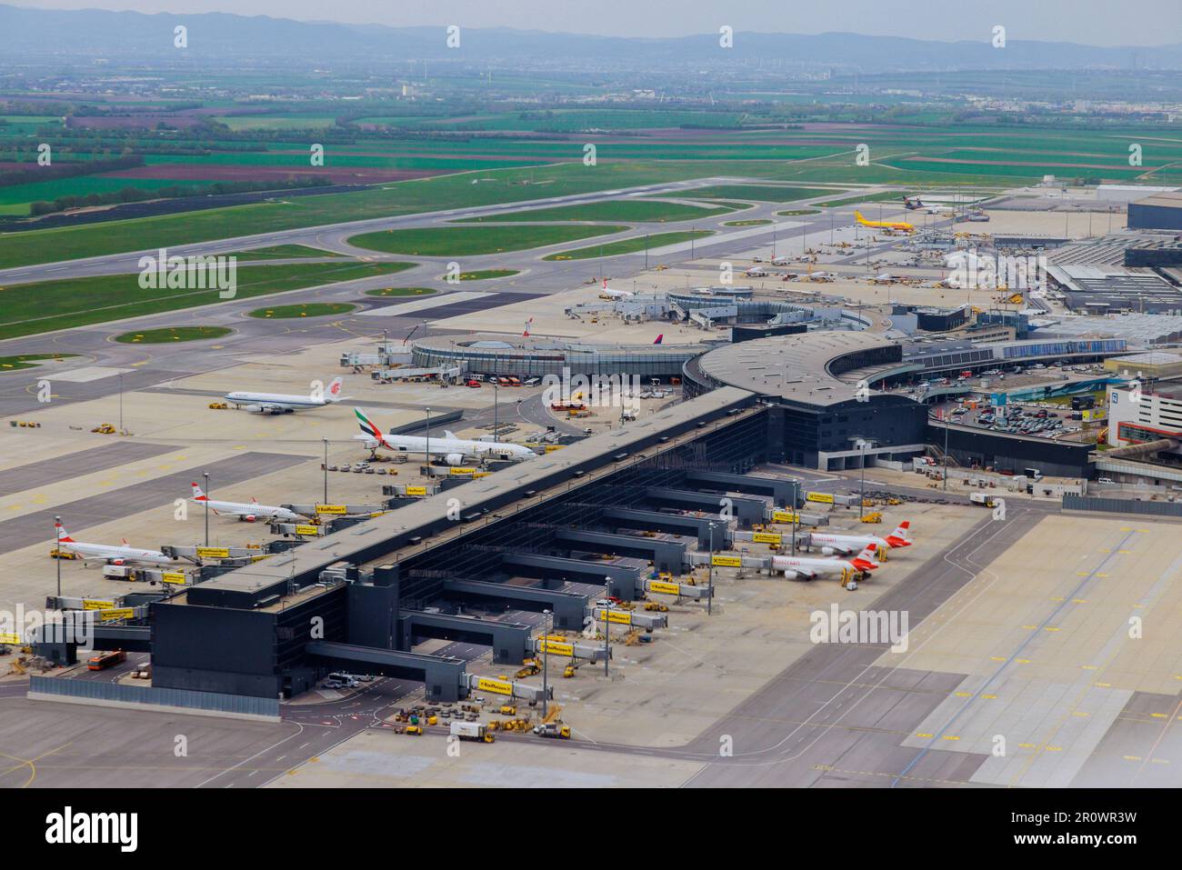 MAY 27 2023 Vienna Austria. Aerial view of parking area and terminal at ...