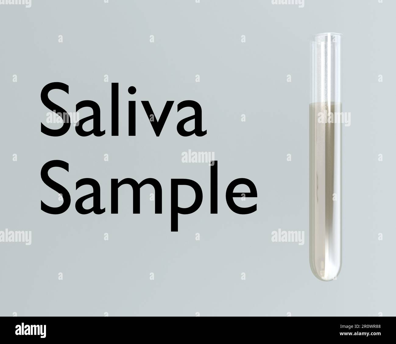 3D illustration of saliva sample in a test tube, isolated over gray ...
