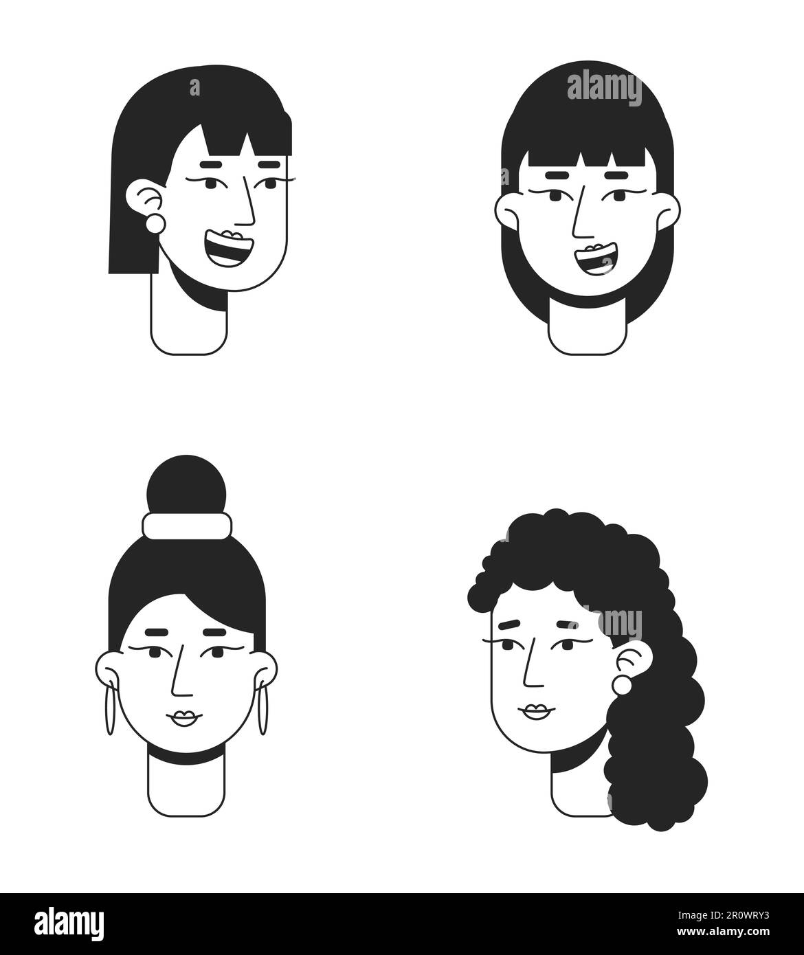 Pleased glad women monochrome flat linear character heads set Stock ...