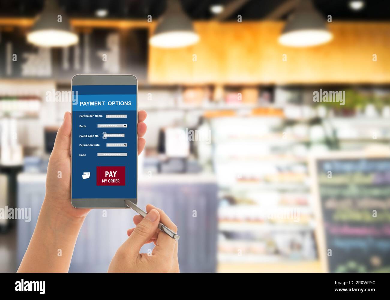 Using apps function. Payment on a smartphone in cafe . Business payment ...