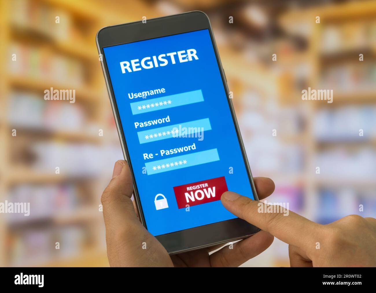 Register Membership Application on mobile smartphone against the background blurred Library ...