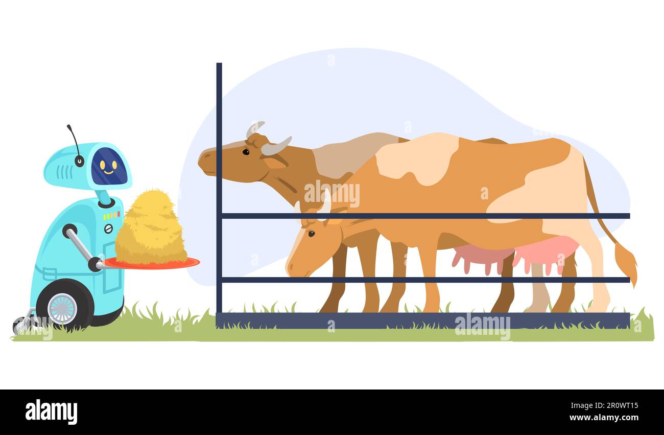 Robot helper assisting feeding cow in stall vector illustration Stock ...
