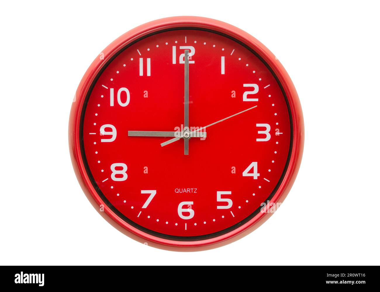 Red wall clock isolated on white background Stock Photo - Alamy