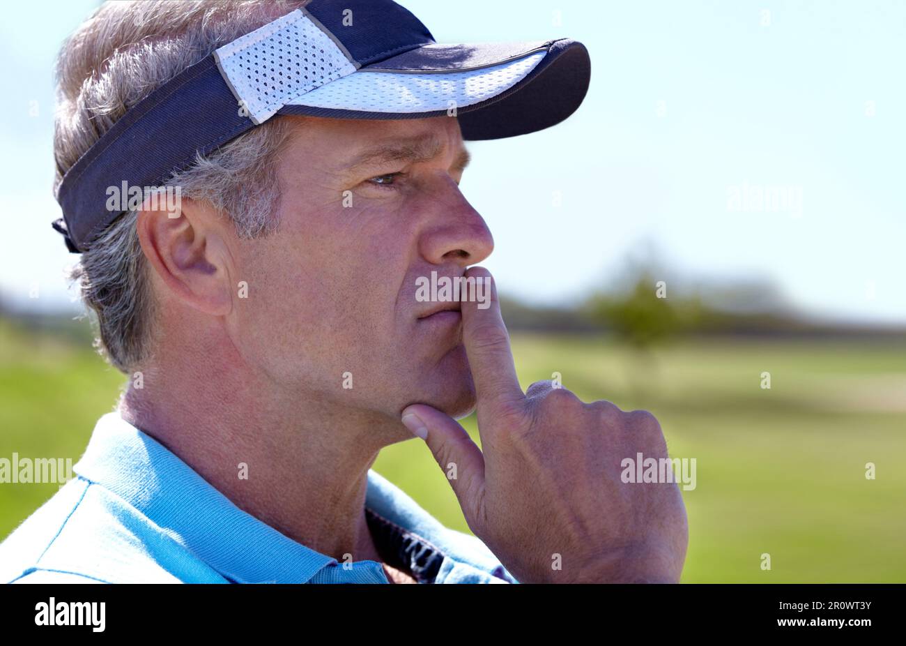 Golf, thinking and mature man with focus, game and planning with ...
