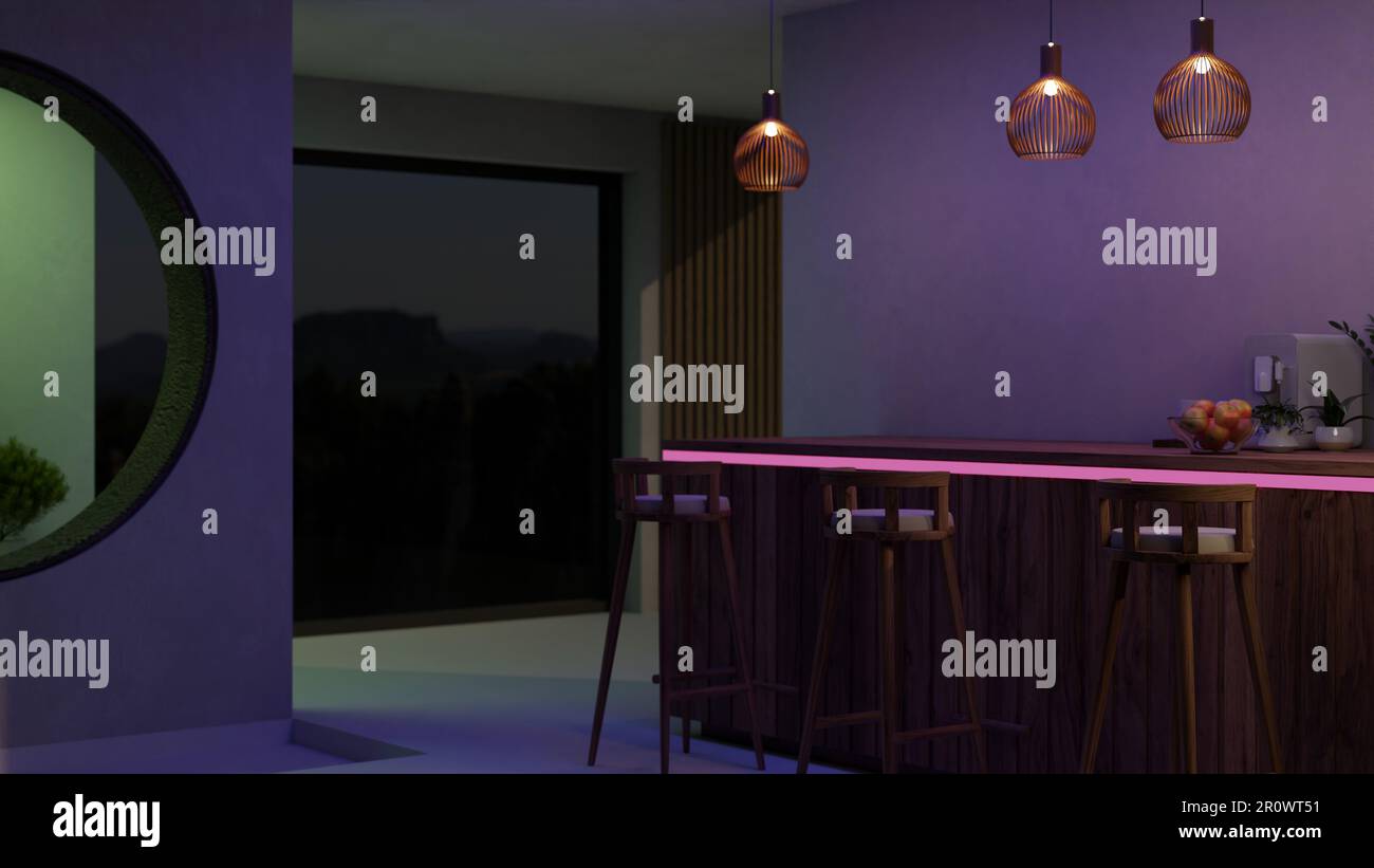 Interior design of a modern kitchen at night with counter bar, stools ...