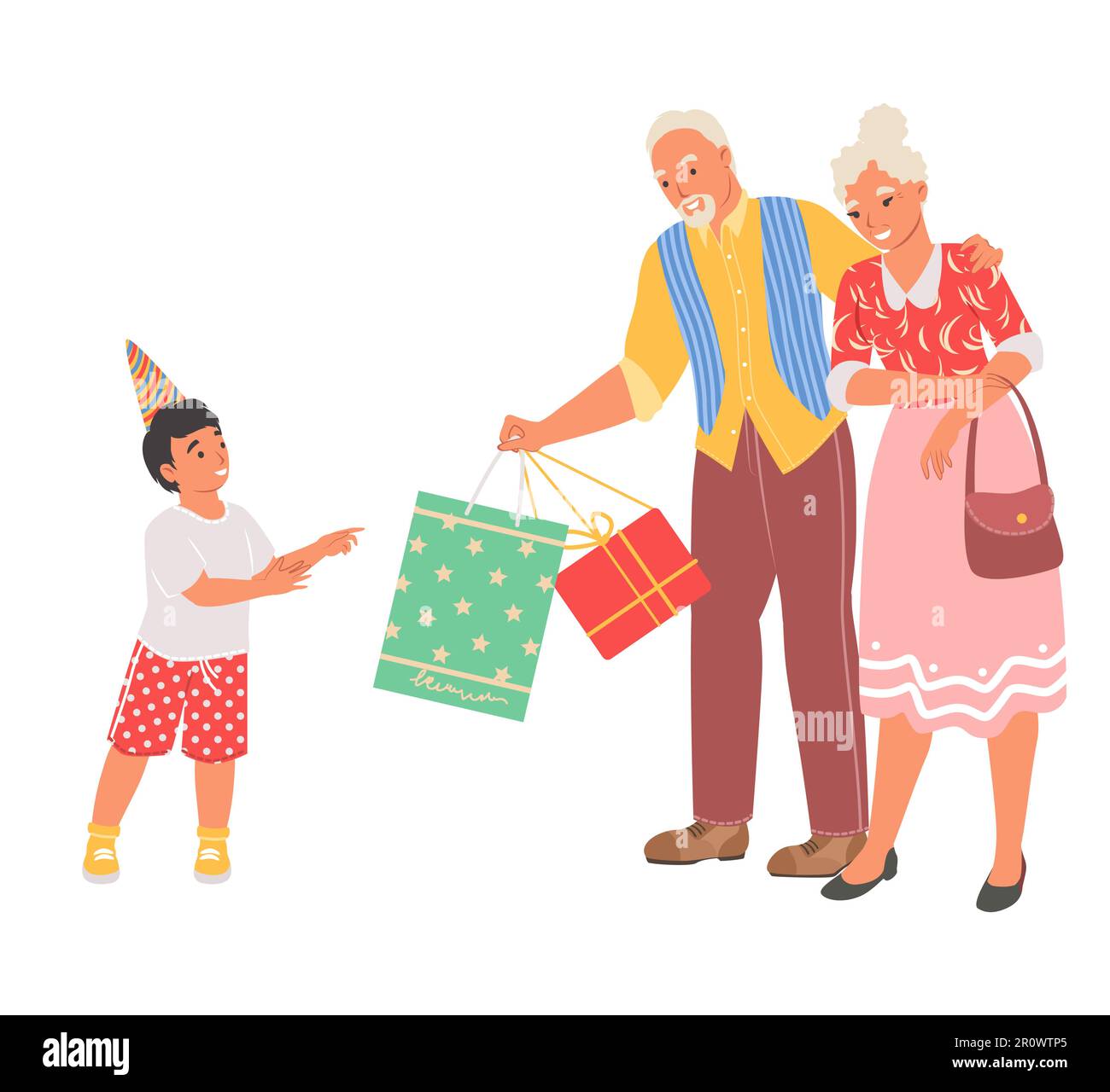 Grandparent presenting gifts to little grandson vector illustration ...