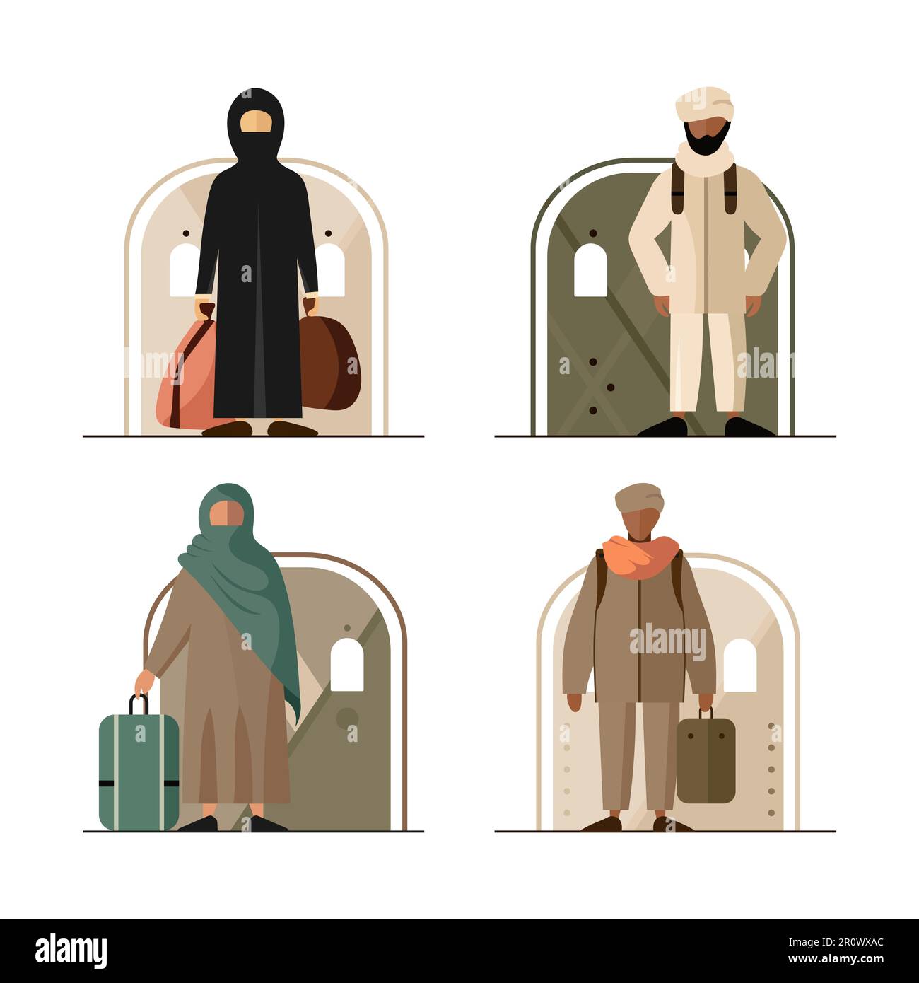 Set of icons - people refugee. Abstract illustration. Against the doors ...