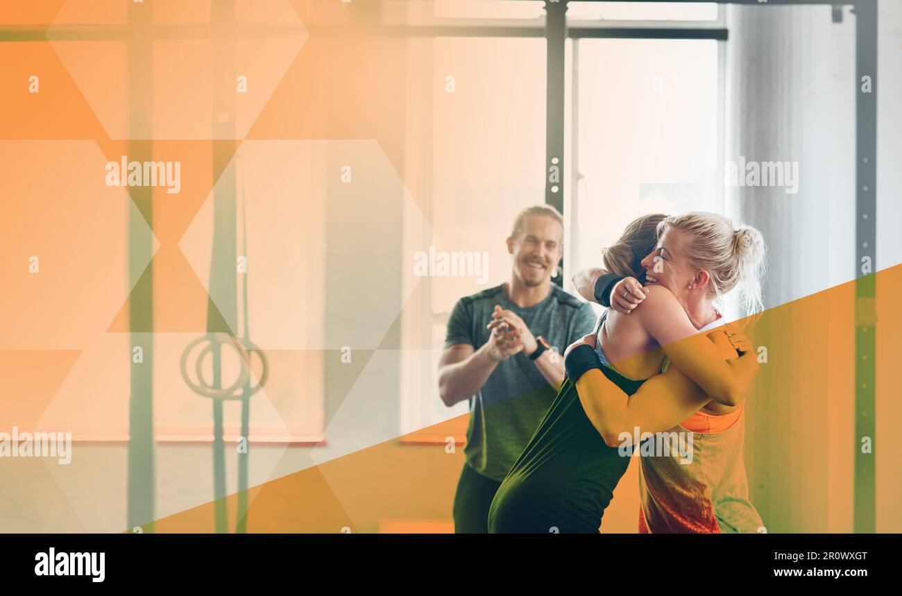 Hug, gym and women celebrate success for exercise, workout and training ...