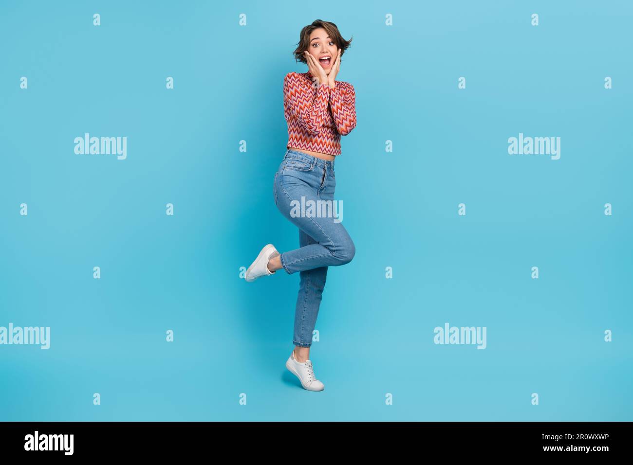 Full length photo of sweet impressed lady wear pink shirt smiling open ...